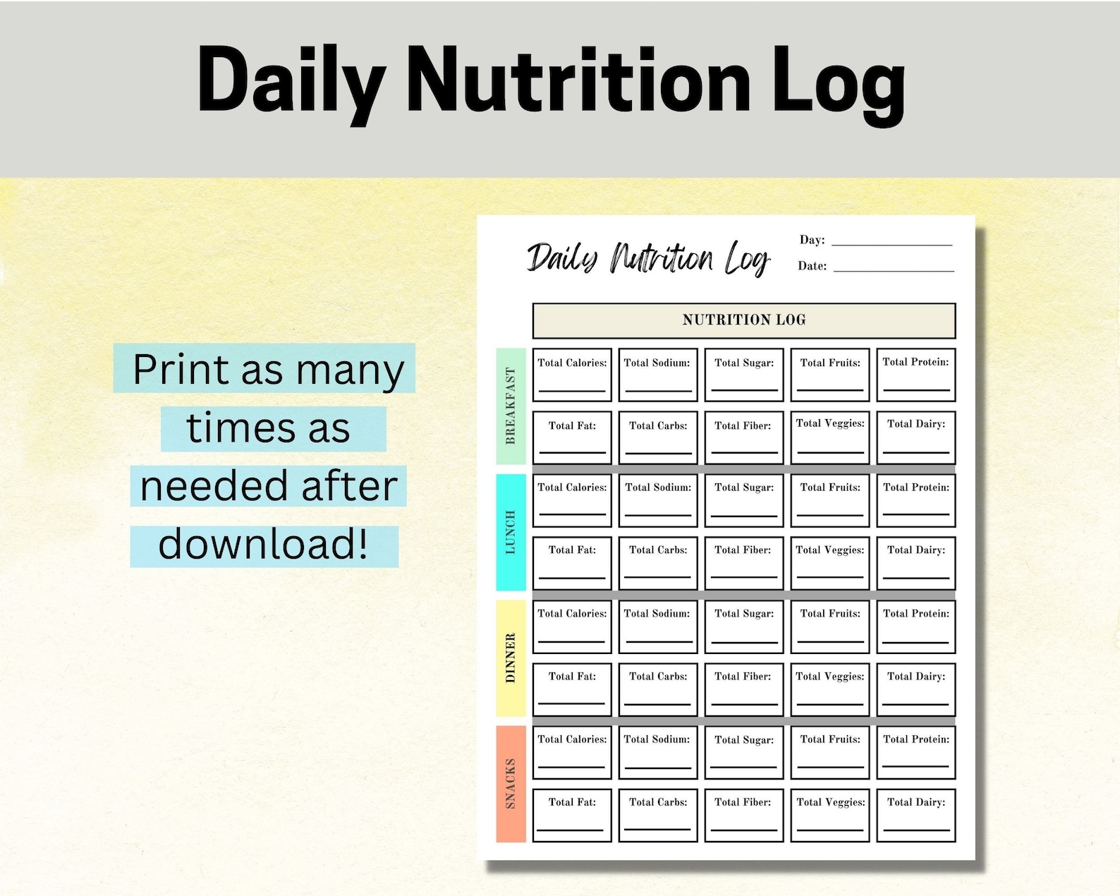 Daily Nutrition Log, Printable Nutrition Tracker, Food Journal ...