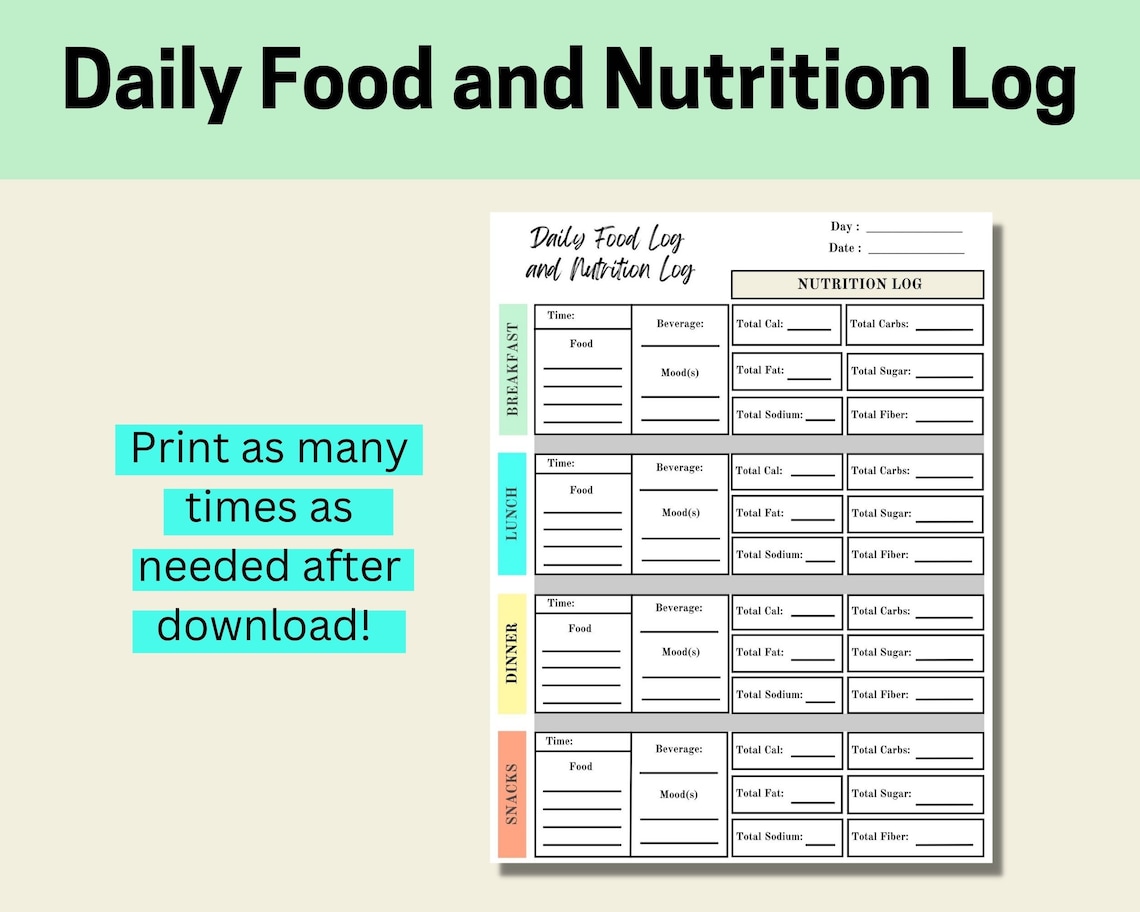 Printable Daily Food Log, Daily Food Log, Nutrition Log, Food Tracker ...