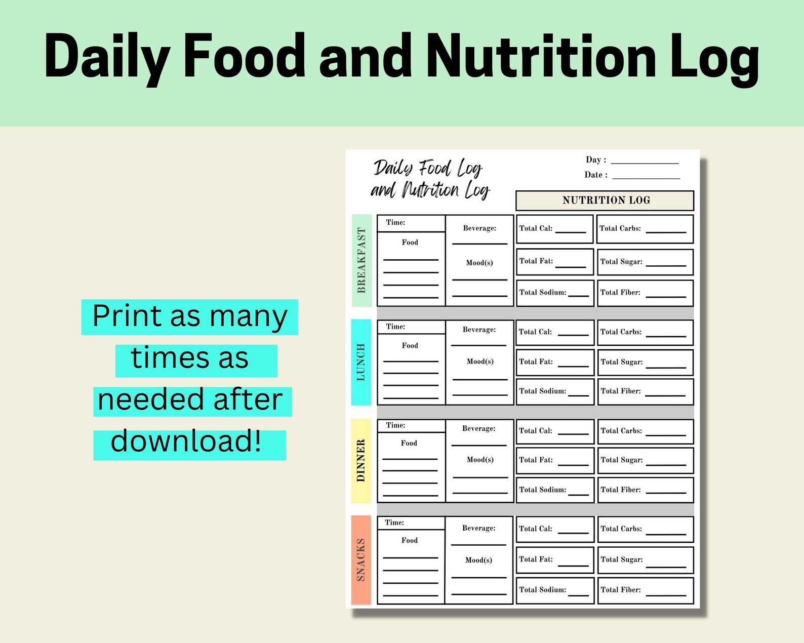 Printable Daily Food Log, Daily Food Log, Nutrition Log, Food Tracker ...