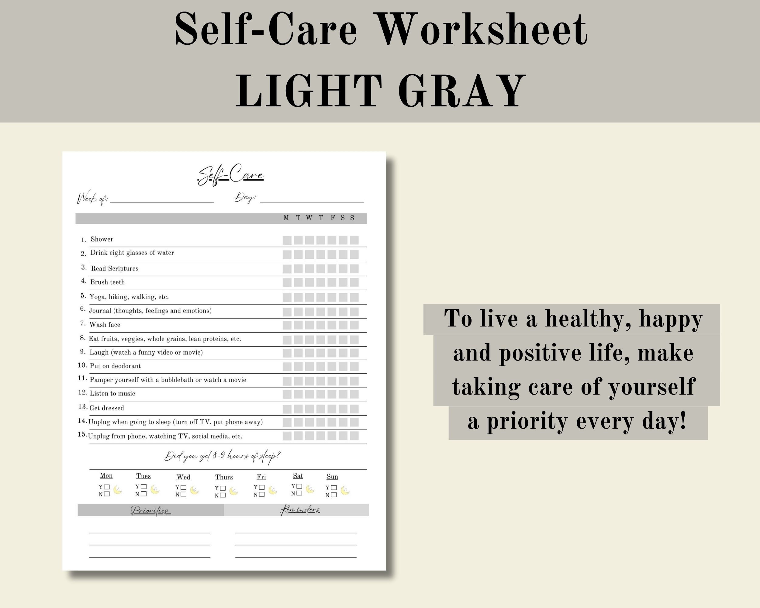Gray Self Care Weekly Worksheet Printable, Daily Self Care Journal ...