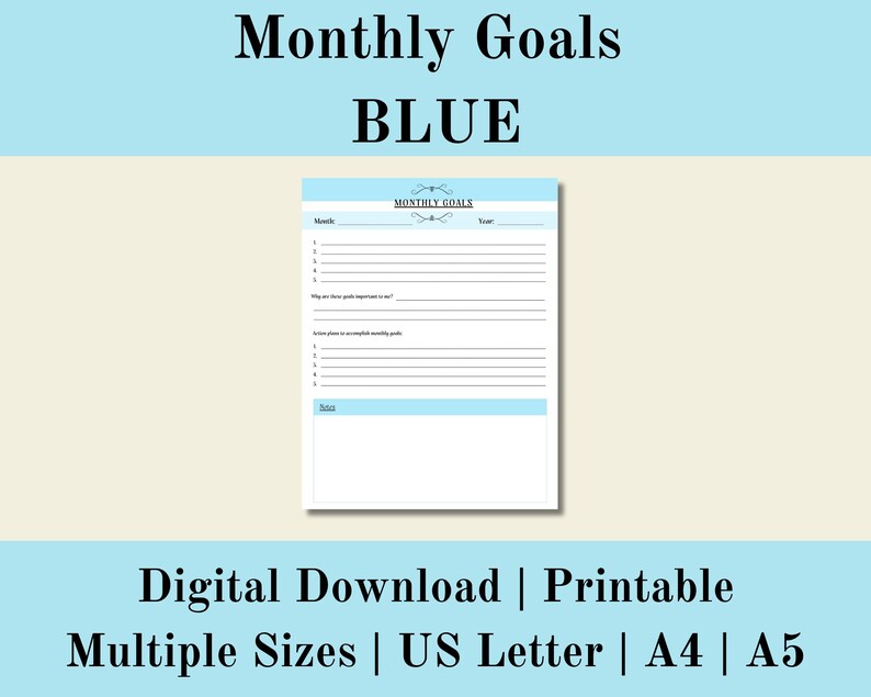 Monthly Goals Blue, Goals Digital Printable, Goal Setting Worksheet ...