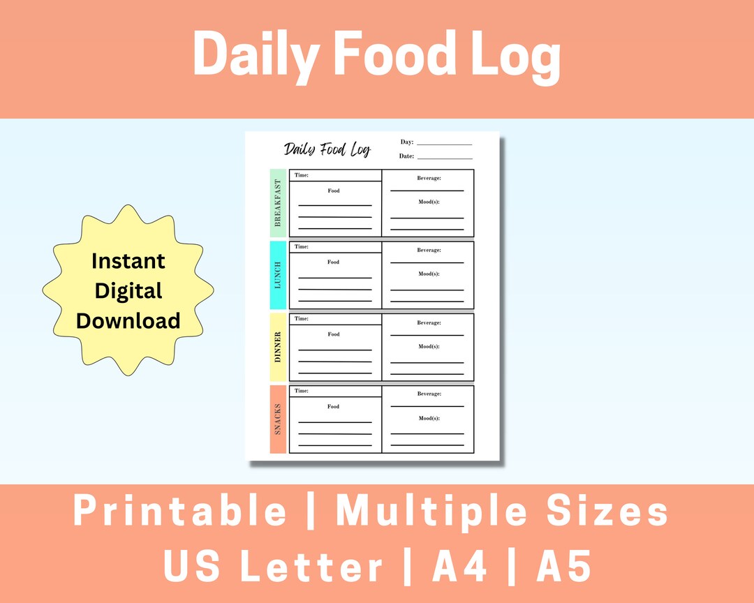 Daily Food Log, Printable Daily Food Log, Meal Tracker, Food Tracker ...
