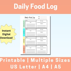 Daily Food Log, Printable Daily Food Log, Meal Tracker, Food Tracker ...