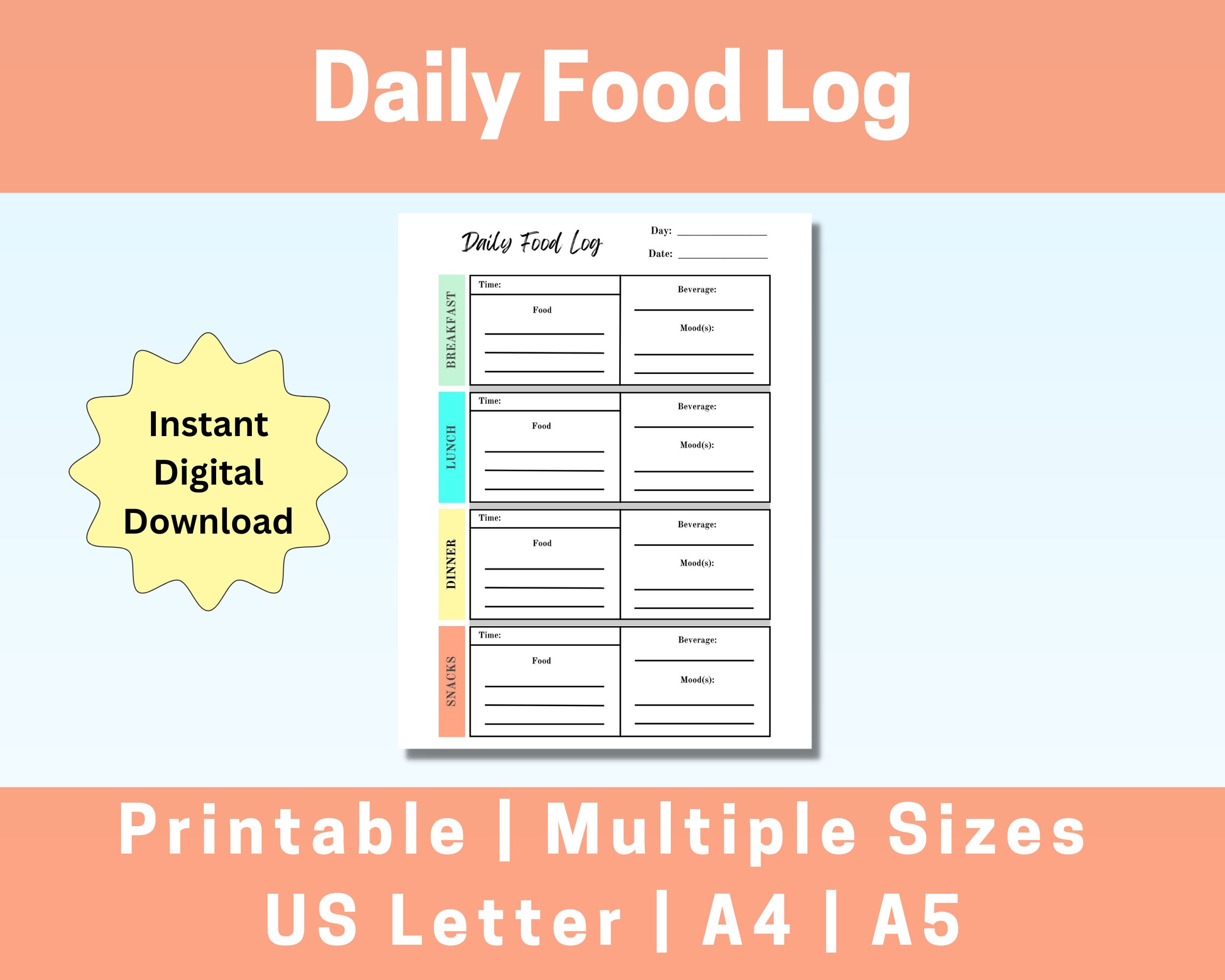 Daily Food Log, Printable Daily Food Log, Meal Tracker, Food Tracker ...