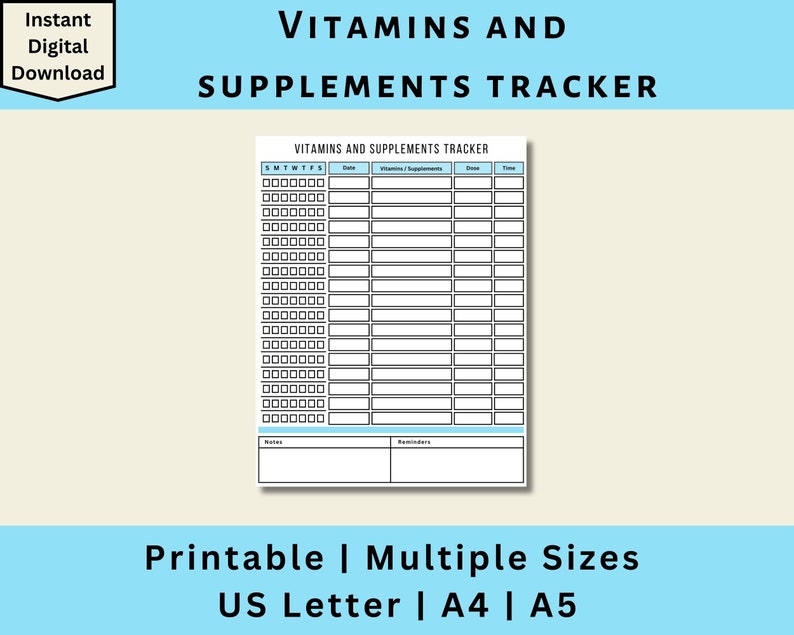 Vitamins and Supplements Tracker Printable, Vitamin Tracker, Supplement ...