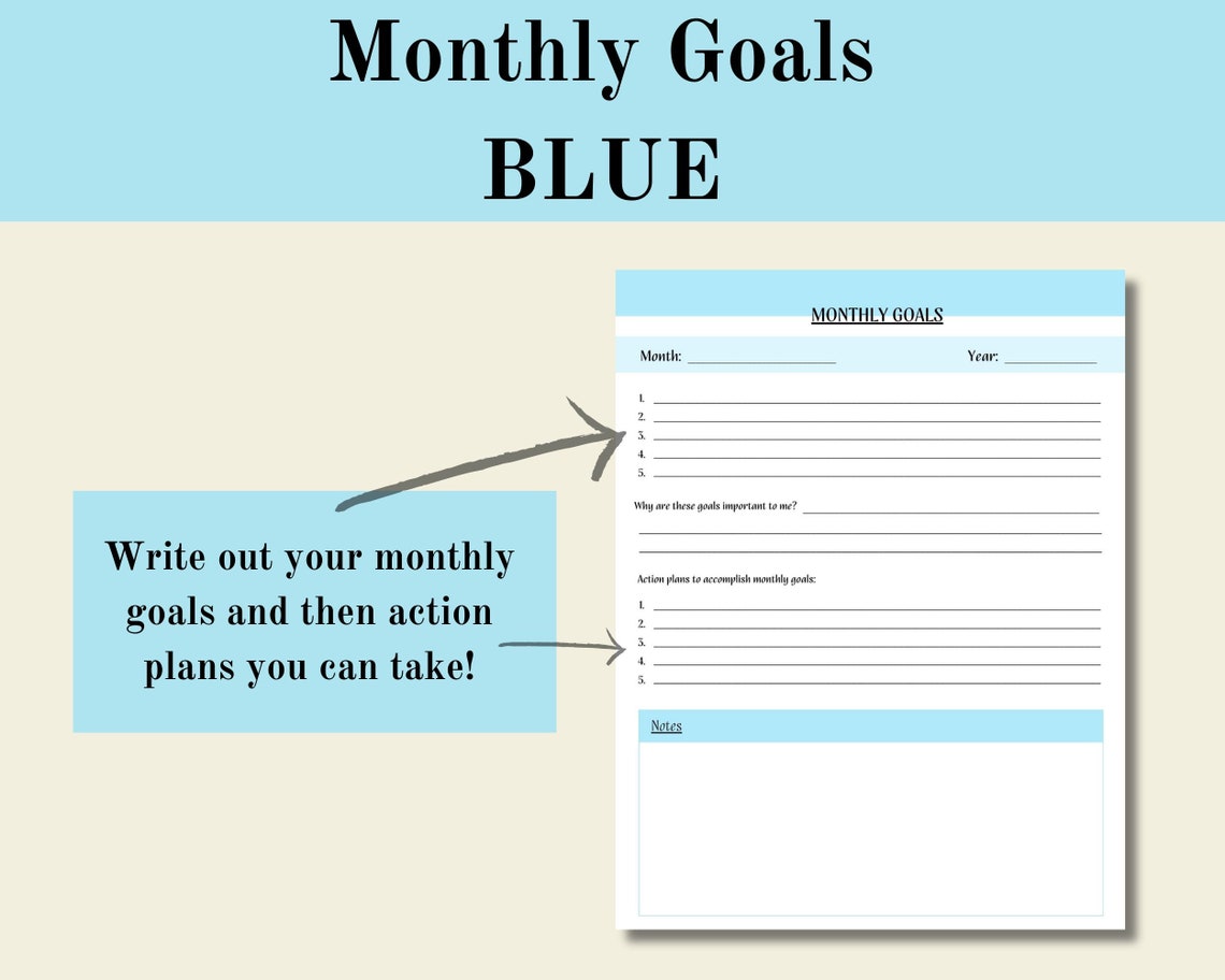 Monthly Goals Blue, Goals Digital Printable, Goal Setting Worksheet ...