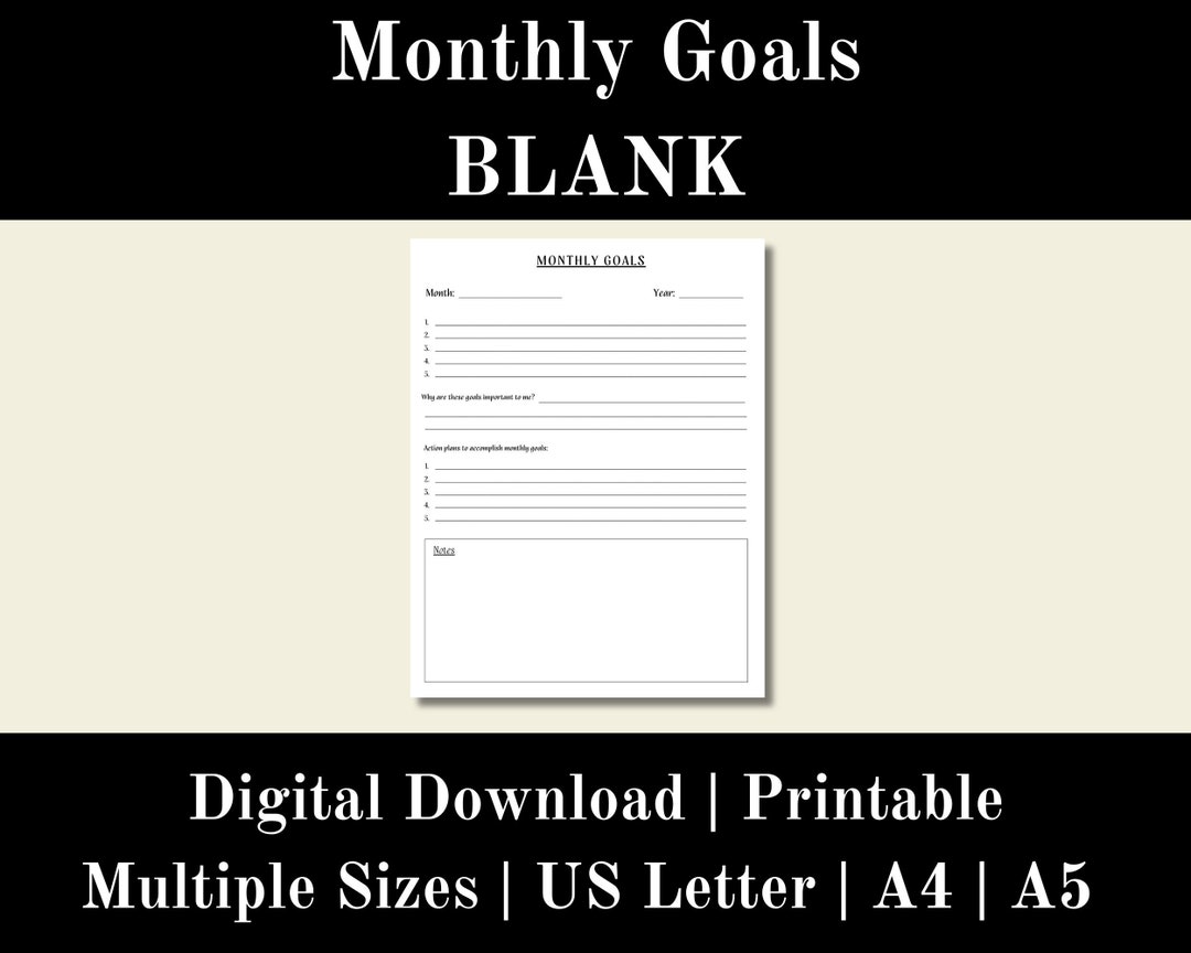 Monthly Goals Blank, Goals Digital Printable, Goal Setting Worksheet ...