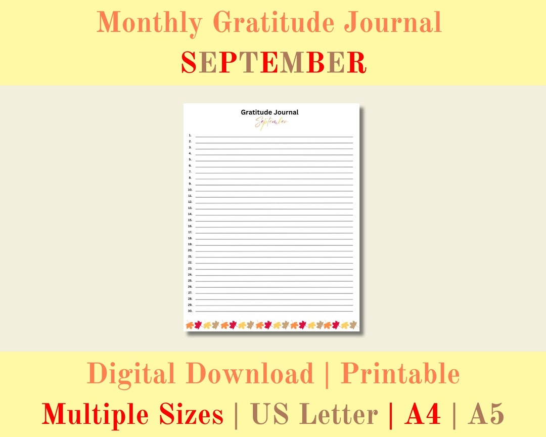 Monthly Gratitude Journal Printable, Daily Gratitude, September ...