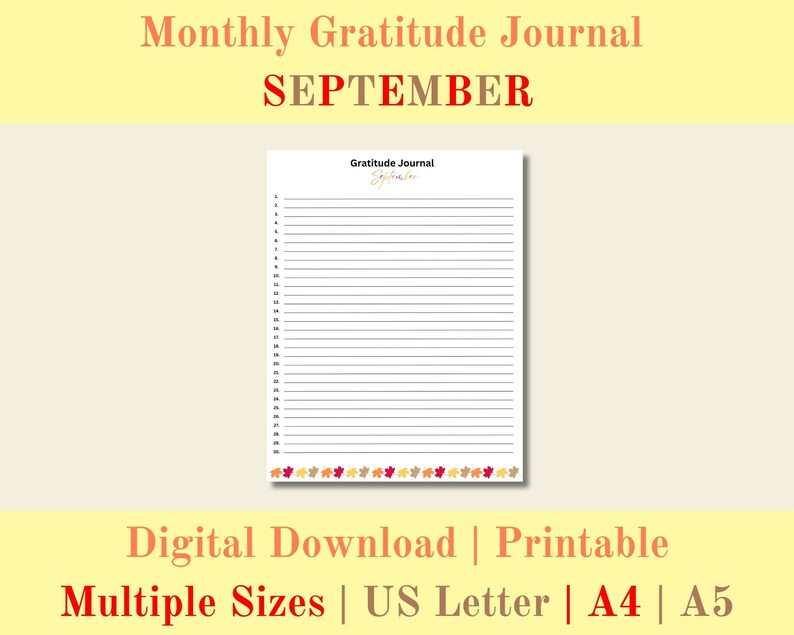 Monthly Gratitude Journal Printable, Daily Gratitude, September ...