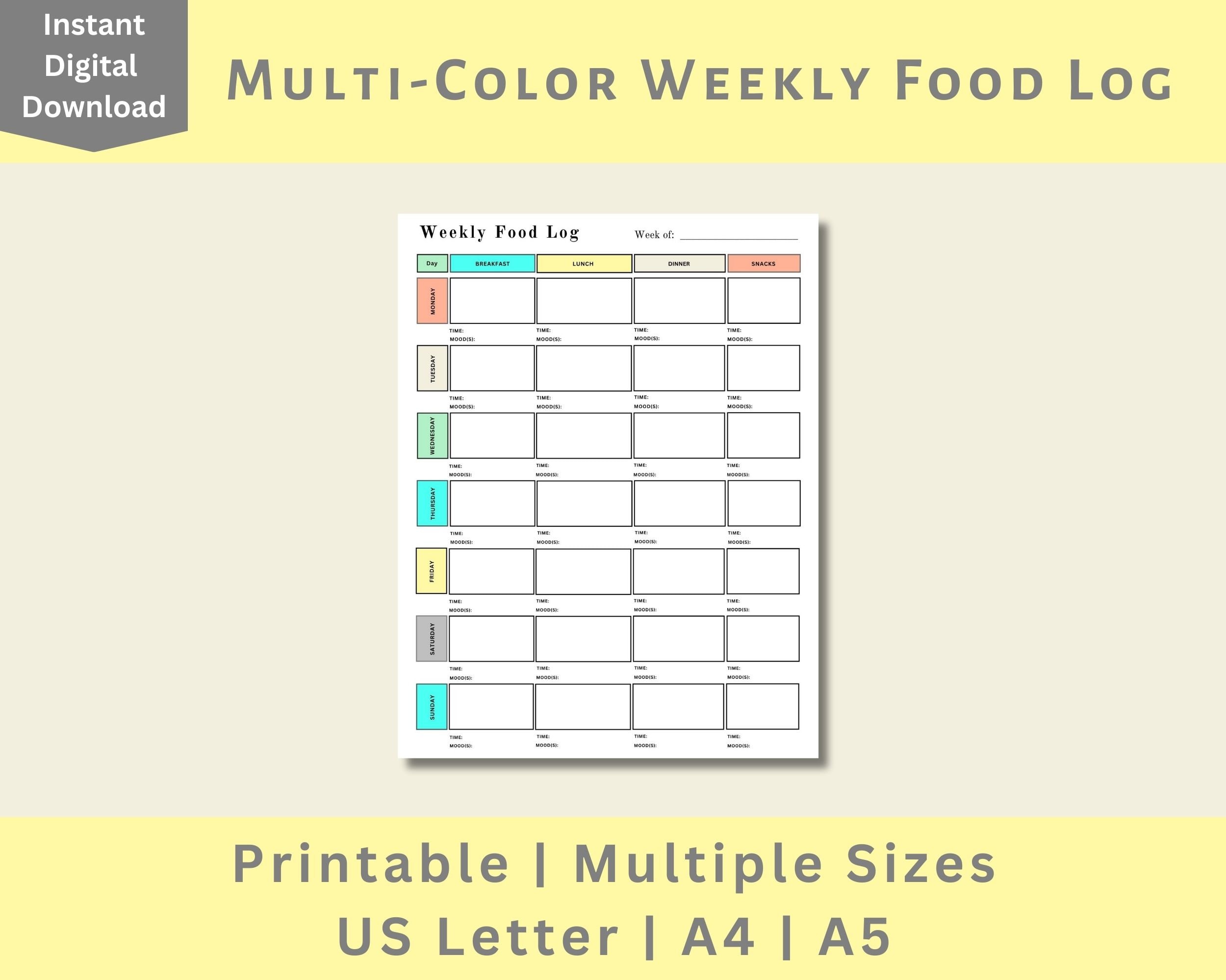 Weekly Food Log, Printable Weekly Food Log, Food Tracker, Meal Tracker ...