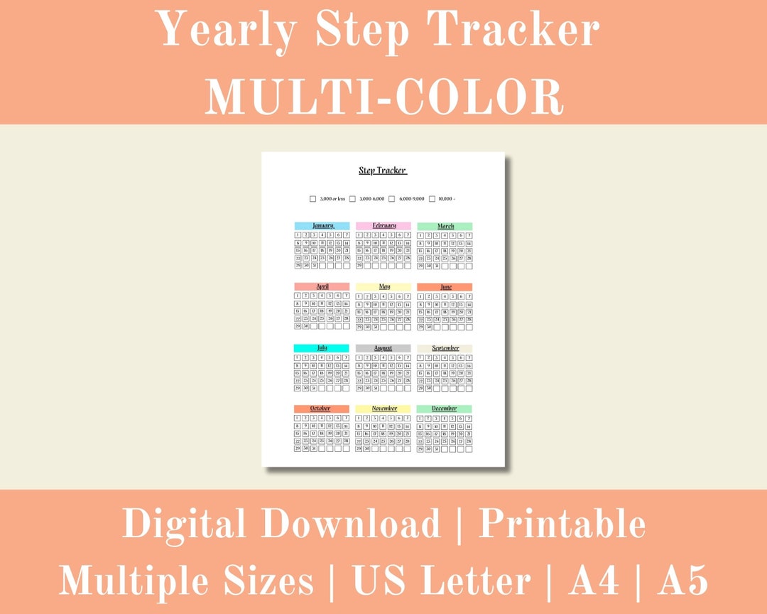 Yearly Step Tracker Multi Color Printable, Daily Step Log Digital, Step ...