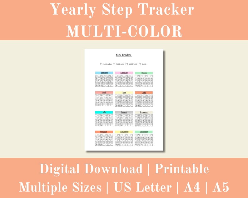 Yearly Step Tracker Multi Color Printable, Daily Step Log Digital, Step ...