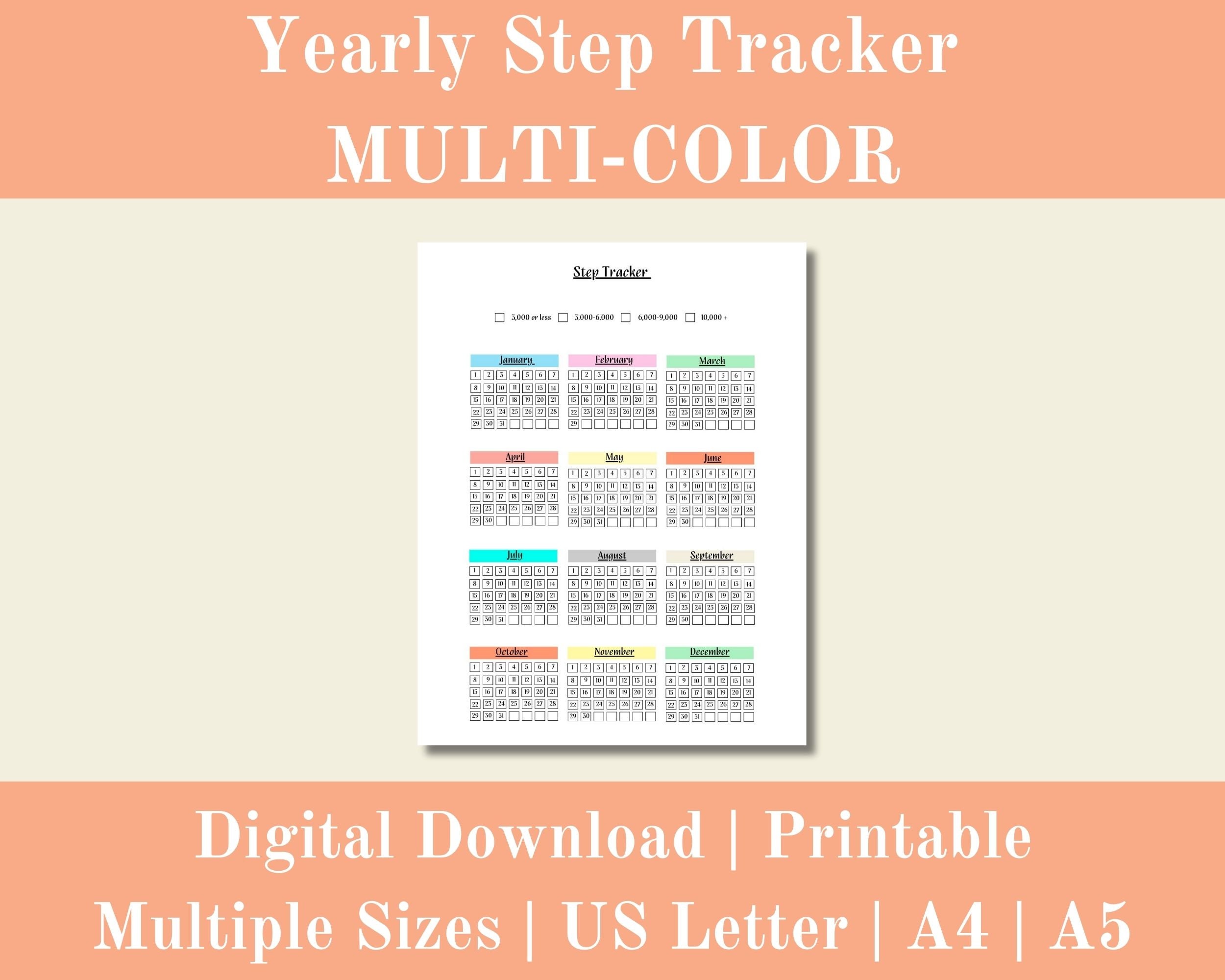 Yearly Step Tracker Multi Color Printable, Daily Step Log Digital, Step ...