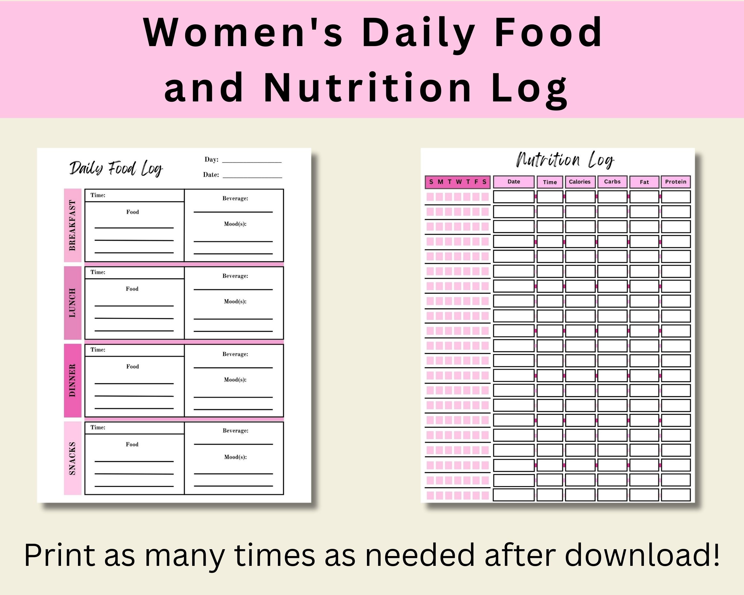 Printable Daily Food and Nutrition Log, Daily Food Log, Nutrition Log ...