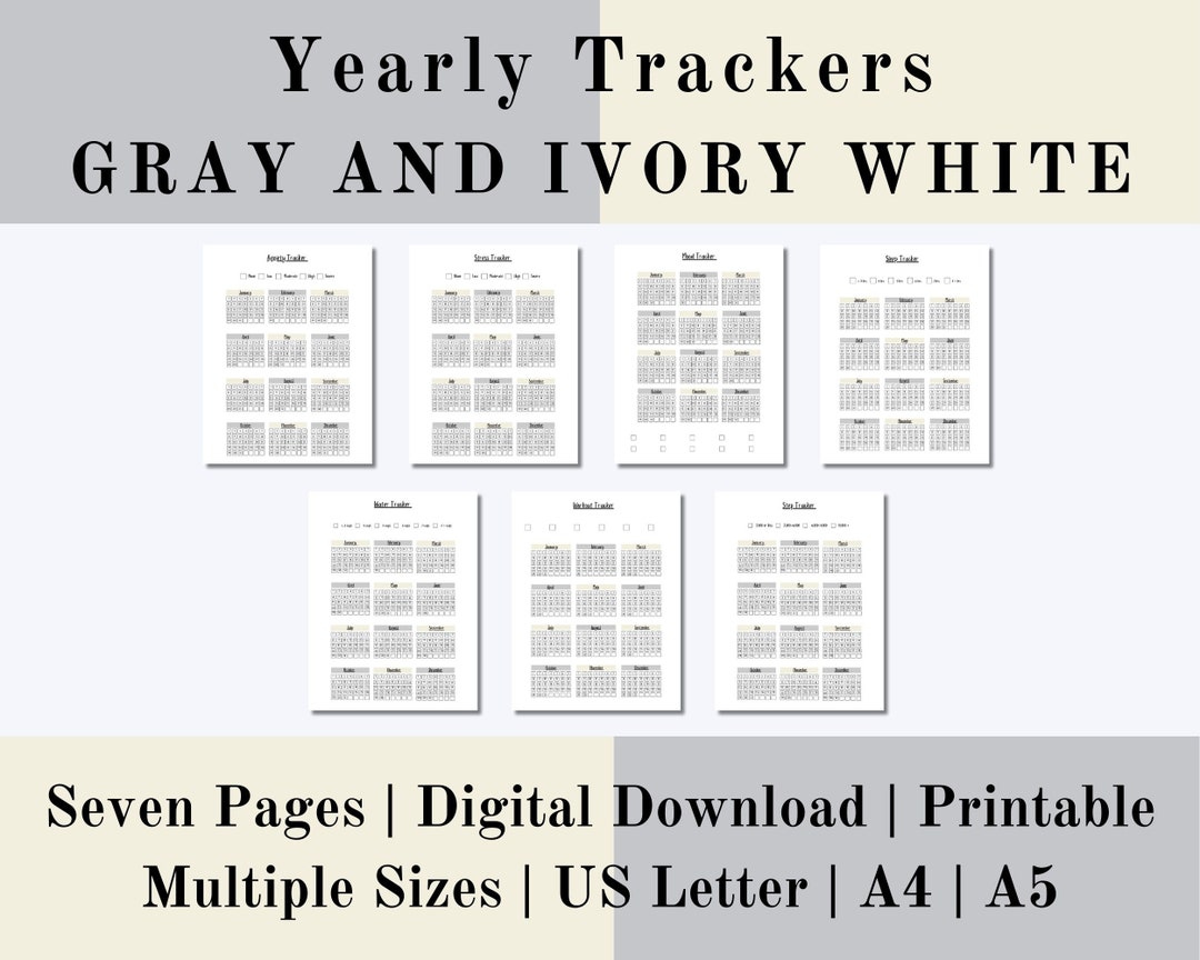 Yearly Trackers Gray and Ivory White Printable, Monthly Trackers ...