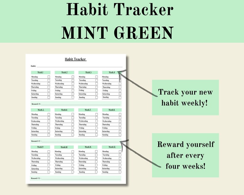 Monthly Habit Tracker Mint Green Printable, Weekly Tracker Digital ...