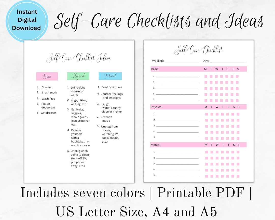 Self Care Checklist, Wellbeing Checklist, Self Care PDF, Printable ...