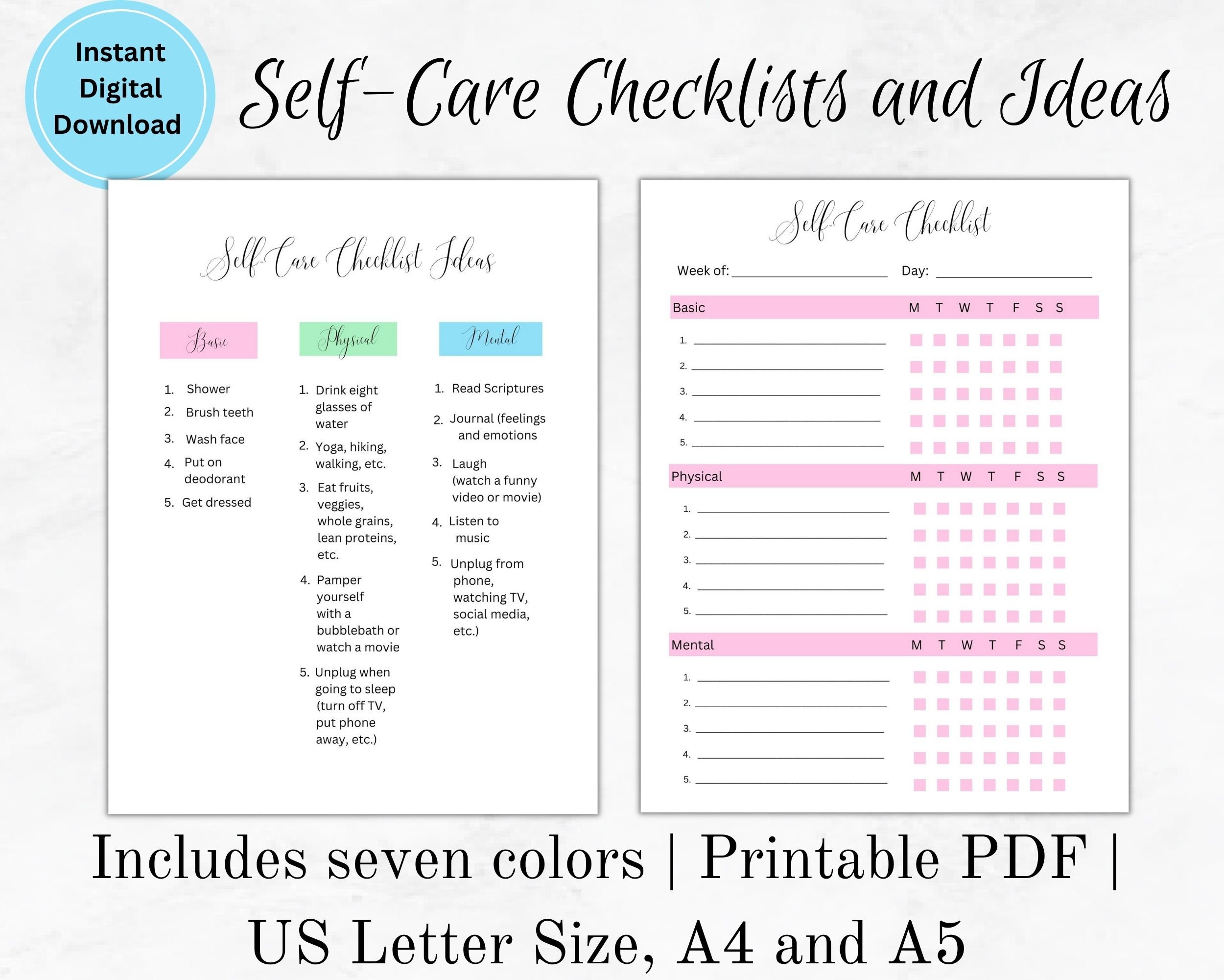 Self Care Checklist, Wellbeing Checklist, Self Care PDF, Printable ...