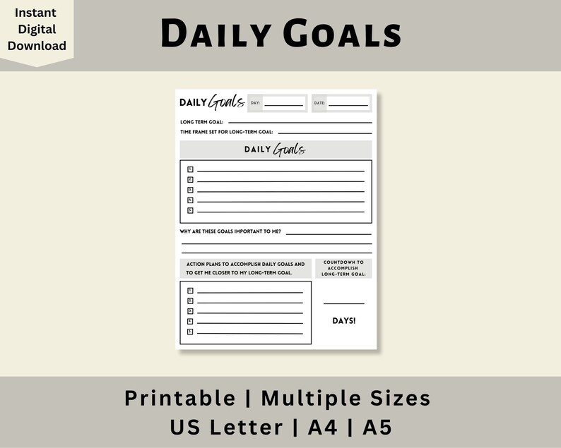 Daily Goals Printable, Goal Setting Printable, Daily Goal Sheet, Goal ...