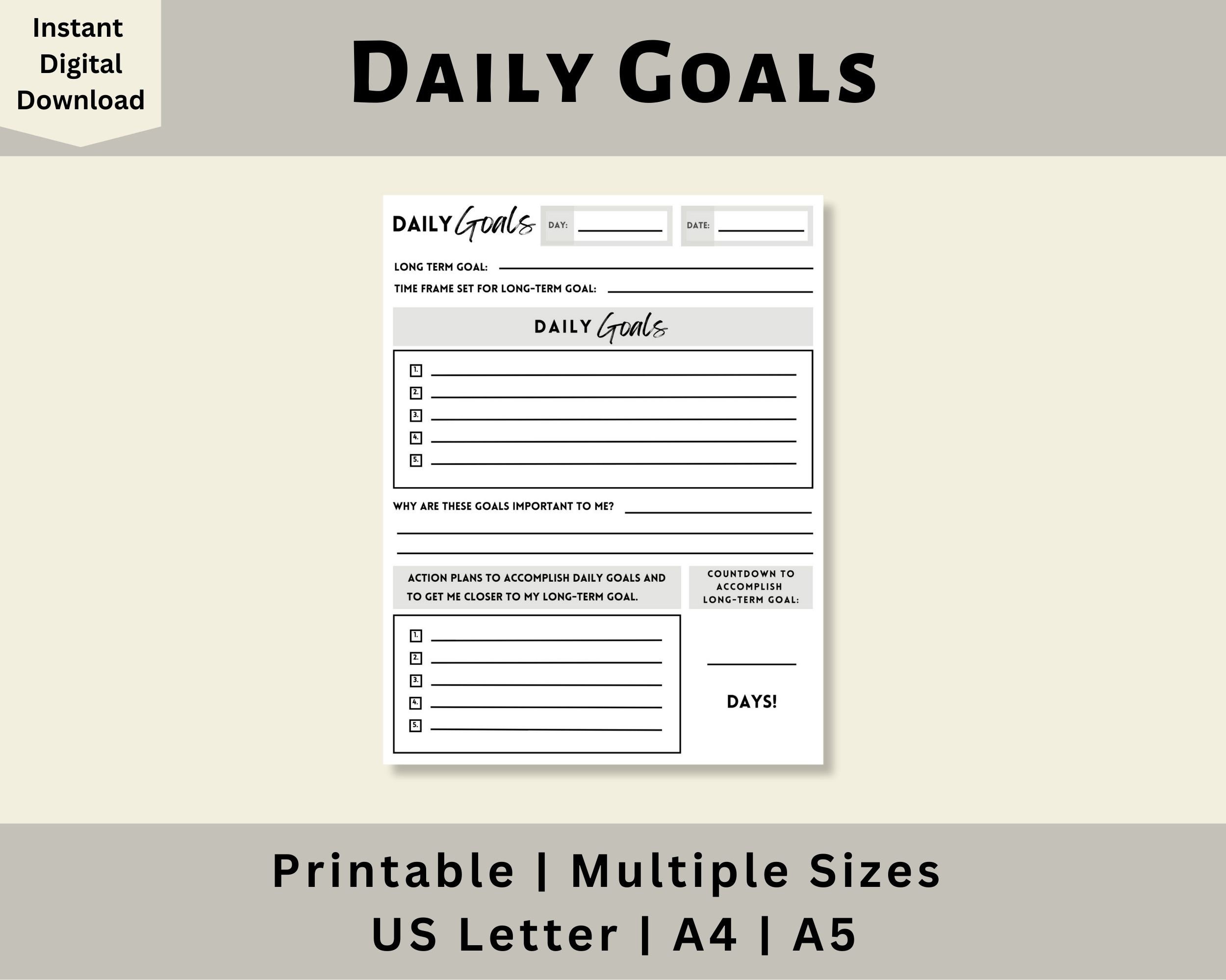 Daily Goals Printable, Goal Setting Printable, Daily Goal Sheet, Goal ...