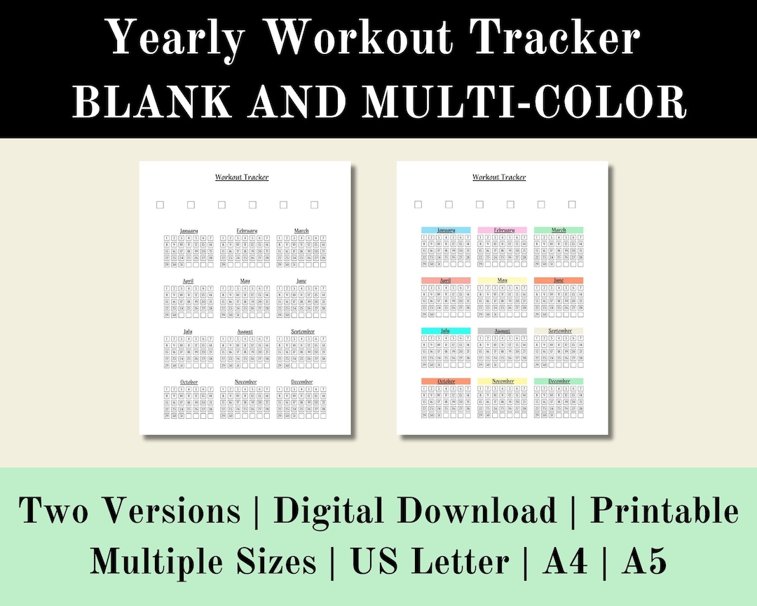 Yearly Workout Multi Color Tracker Blank Printable, Workout Worksheet ...