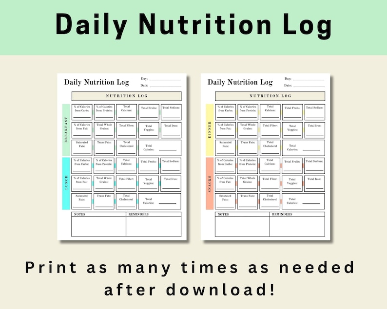 Daily Nutrition Log, Printable Nutrition Log, Food Tracker, Meal ...