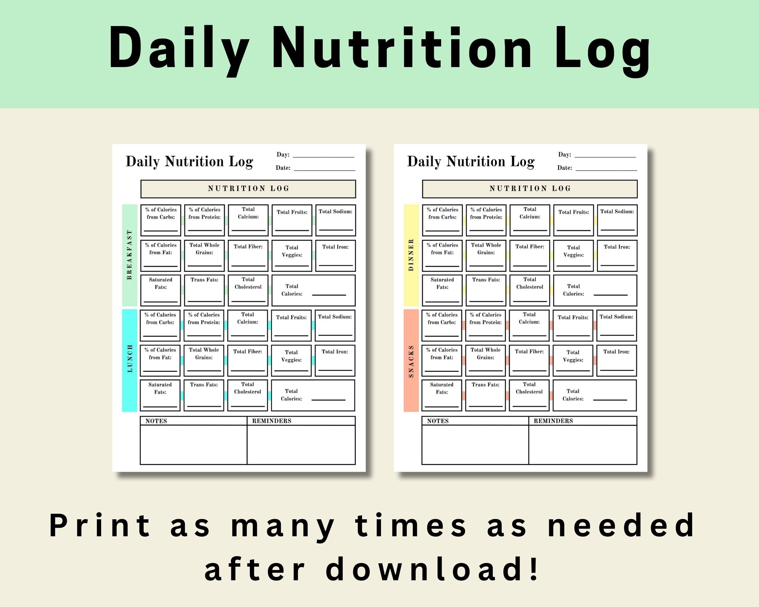 Daily Nutrition Log, Printable Nutrition Log, Food Tracker, Meal ...