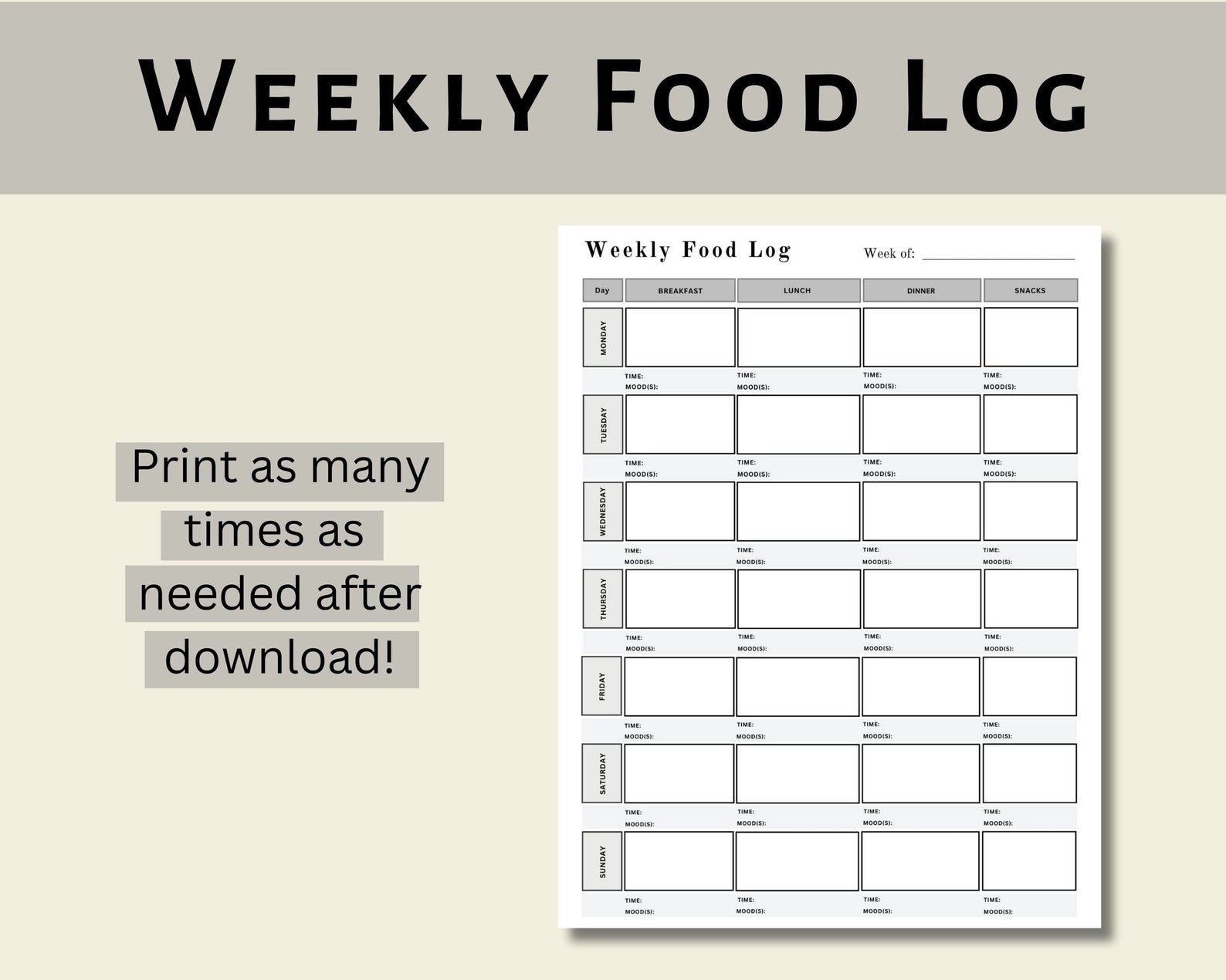 Food Log Printable, Weekly Food Log, Food Tracker, Weekly Food Journal ...