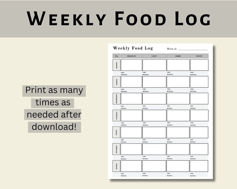 Food Log Printable, Weekly Food Log, Food Tracker, Weekly Food Journal ...