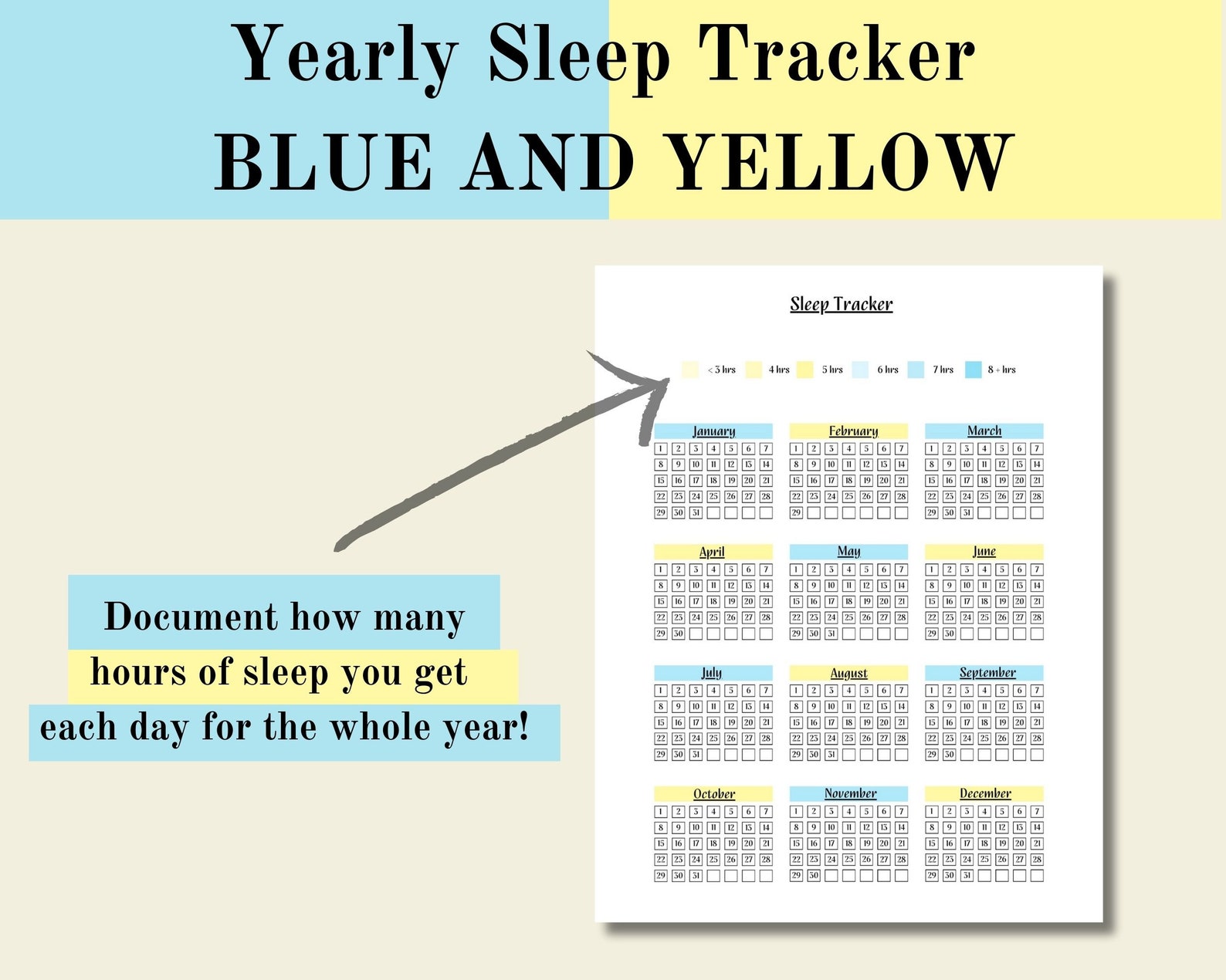 Yearly Sleep Tracker Blue Yellow Printable Log, Sleep Worksheet Journal ...
