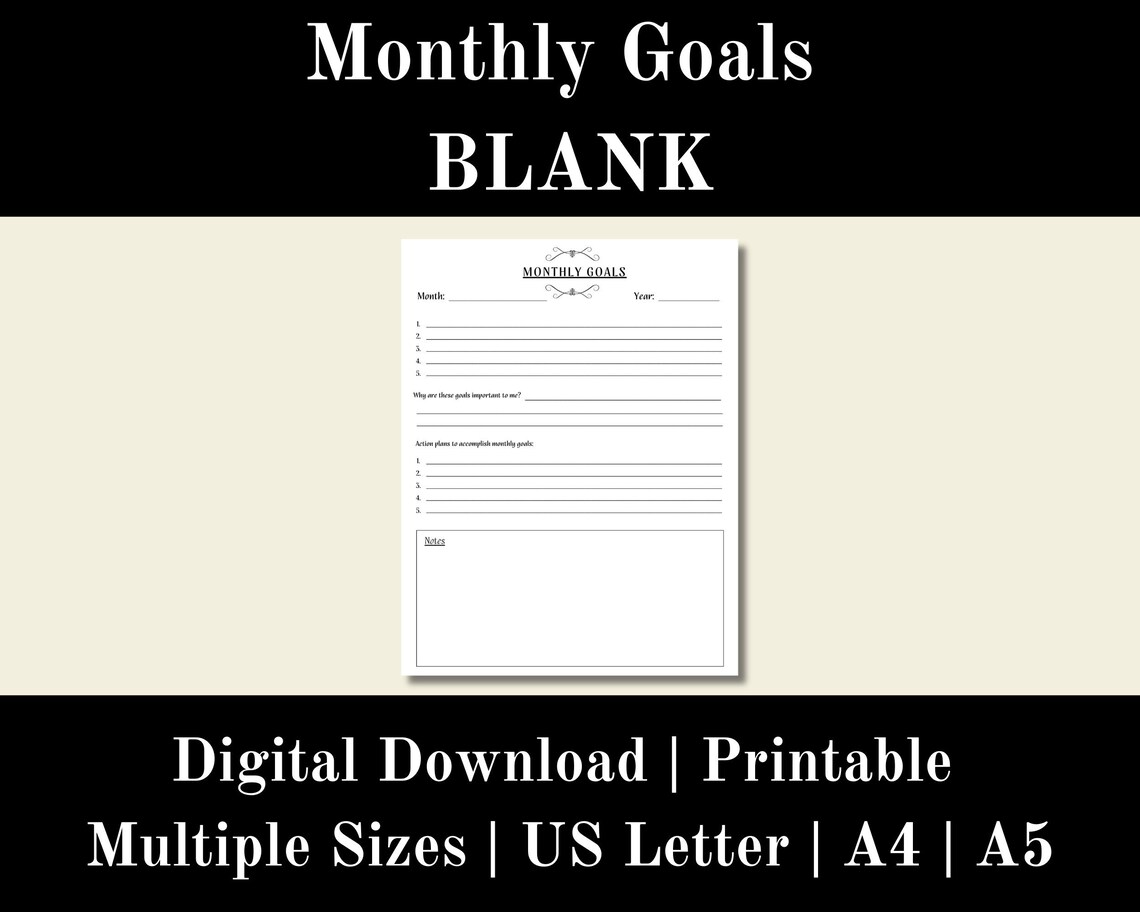 Monthly Goals Blank, Goals Digital Printable, Goal Setting Worksheet ...