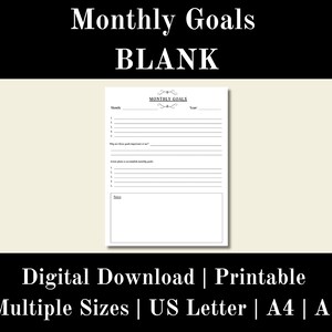 Monthly Goals Blank, Goals Digital Printable, Goal Setting Worksheet ...