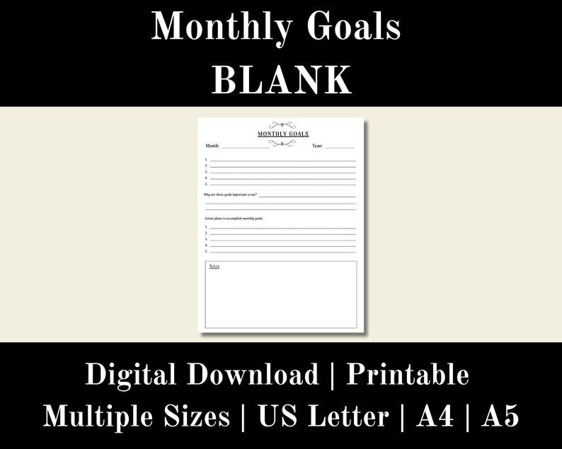 Monthly Goals Blank, Goals Digital Printable, Goal Setting Worksheet ...
