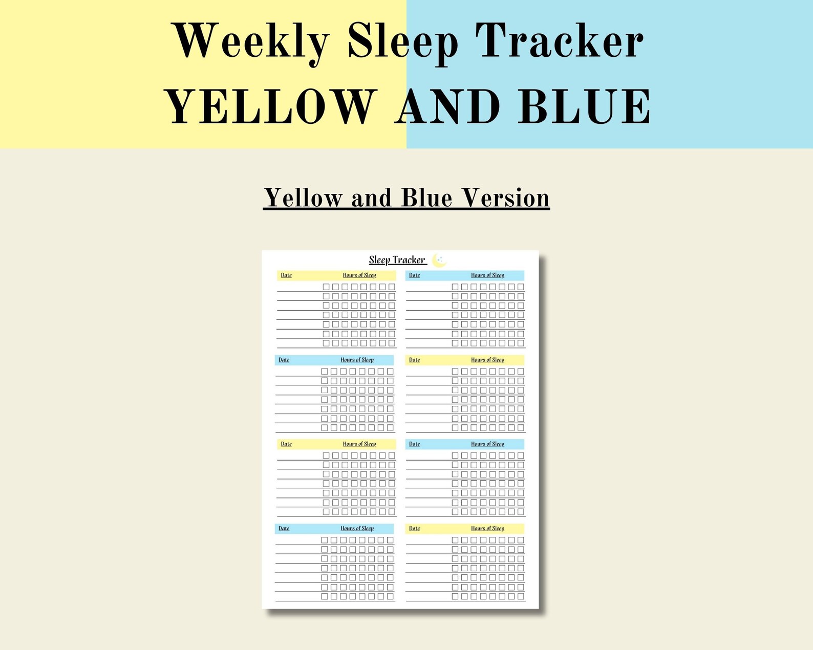 Blank Yellow Blue Weekly Sleep Tracker Printable, Daily Sleep Log ...