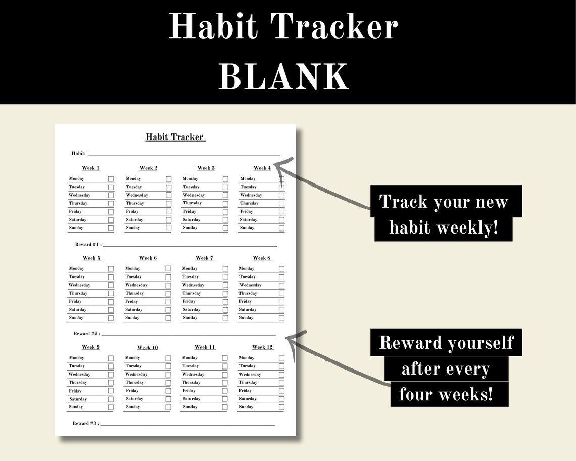 Blank Monthly Habit Tracker Printable, Weekly Tracker Digital, Habit ...