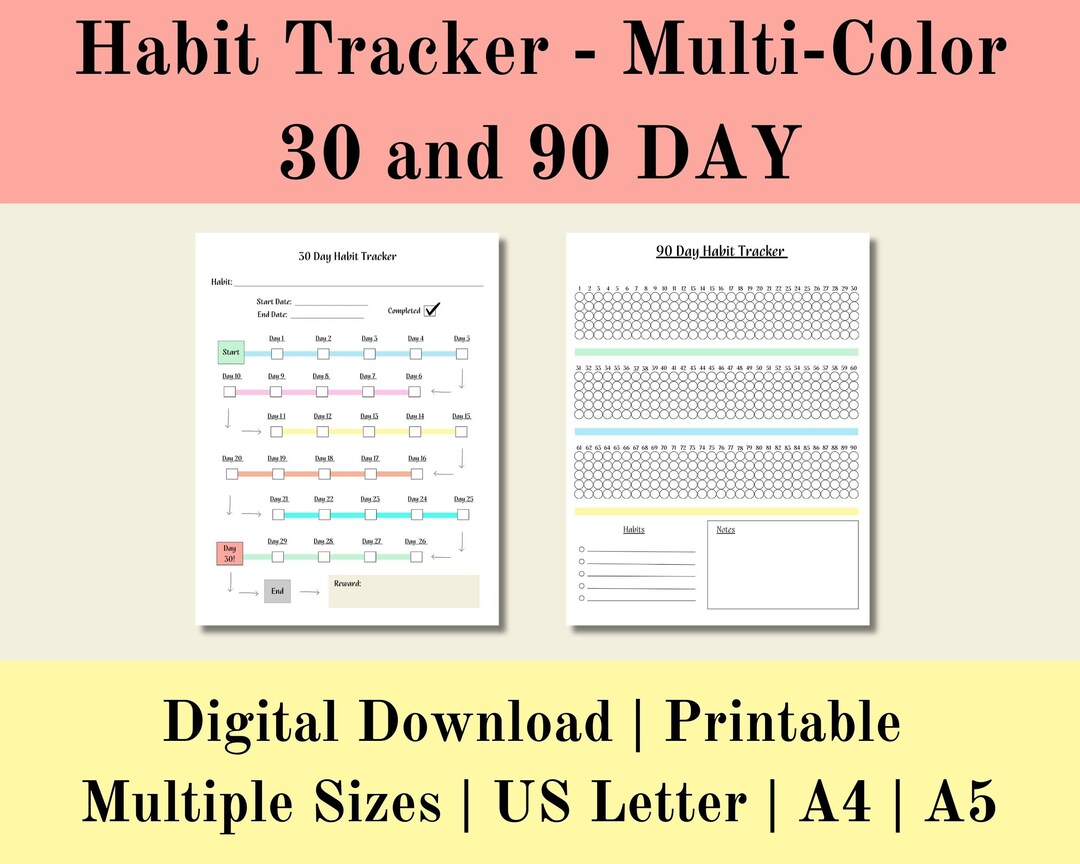30 and 90 Day Habit Tracker Multi Color Printable, Weekly Tracker ...