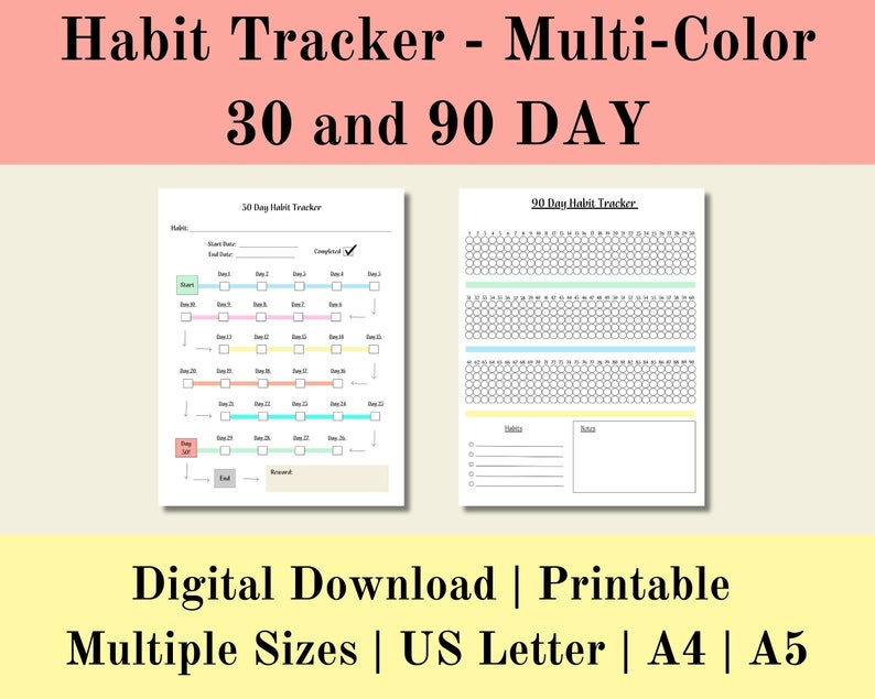 30 and 90 Day Habit Tracker Multi Color Printable, Weekly Tracker ...