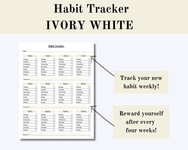 Monthly Habit Tracker Ivory White Printable, Weekly Tracker Digital ...