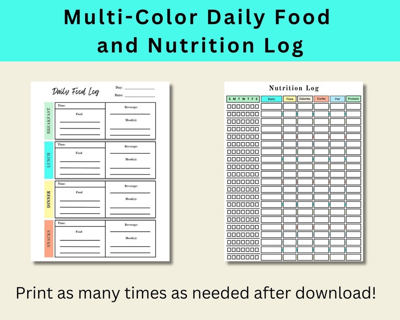 Printable Daily Food and Nutrition Log, Daily Food Log, Nutrition Log ...