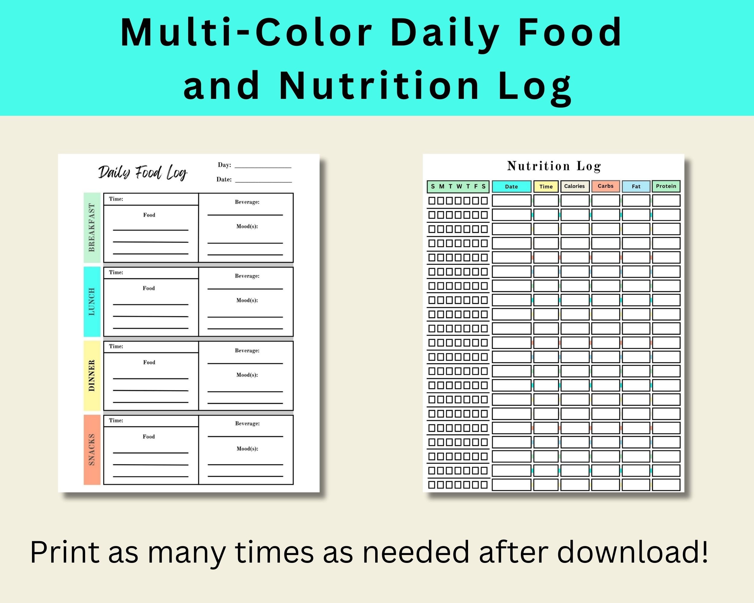 Printable Daily Food and Nutrition Log, Daily Food Log, Nutrition Log ...