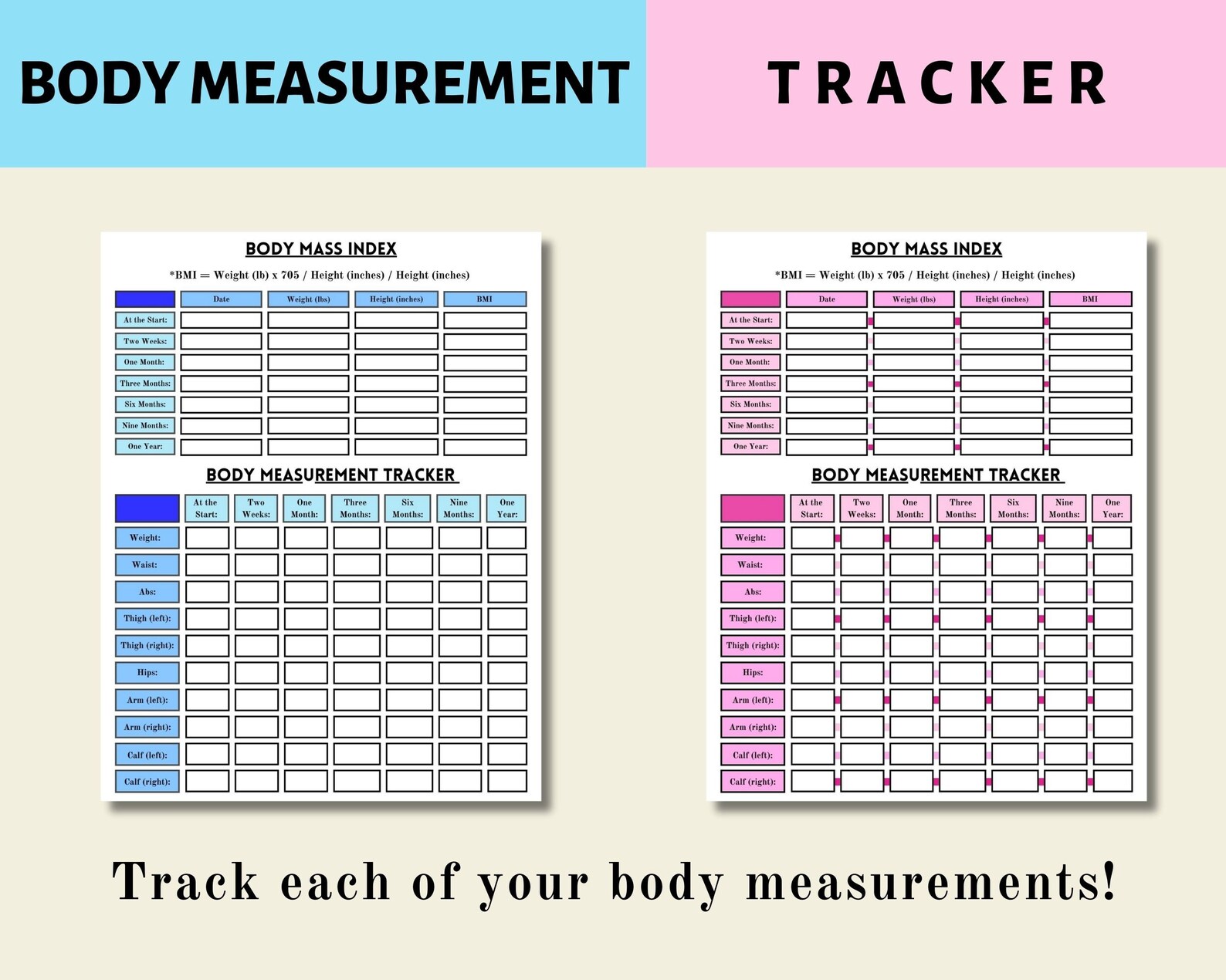 Body Measurement Tracker Printable, Men's and Women's, Body ...