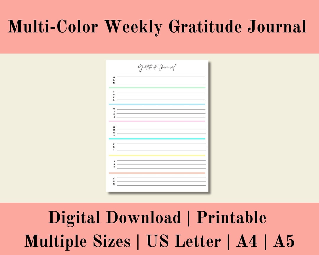 Multi Color Weekly Gratitude Journal Printable, Multi Color Daily ...