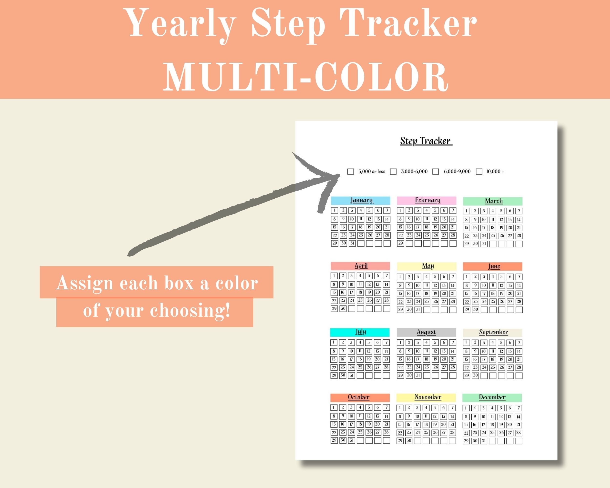 Yearly Step Tracker Multi Color Printable, Daily Step Log Digital, Step ...