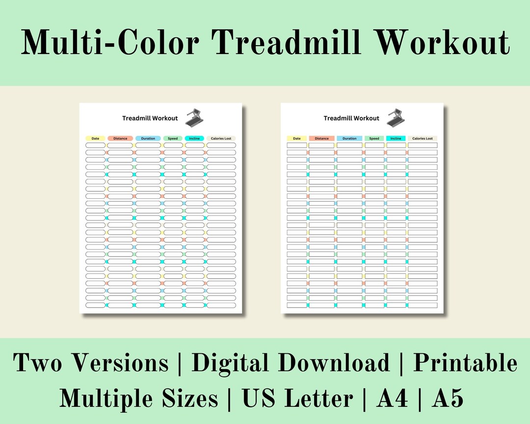 Multi Color Treadmill Workout, Treadmill Log, Treadmill Tracker ...