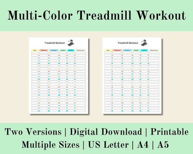 Multi Color Treadmill Workout, Treadmill Log, Treadmill Tracker ...