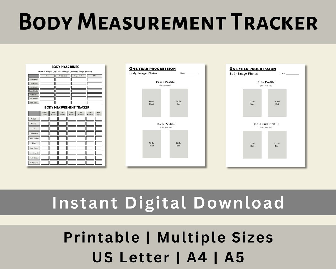 Body Measurement Tracker Printable, BMI Tracker, Body Image Progression ...