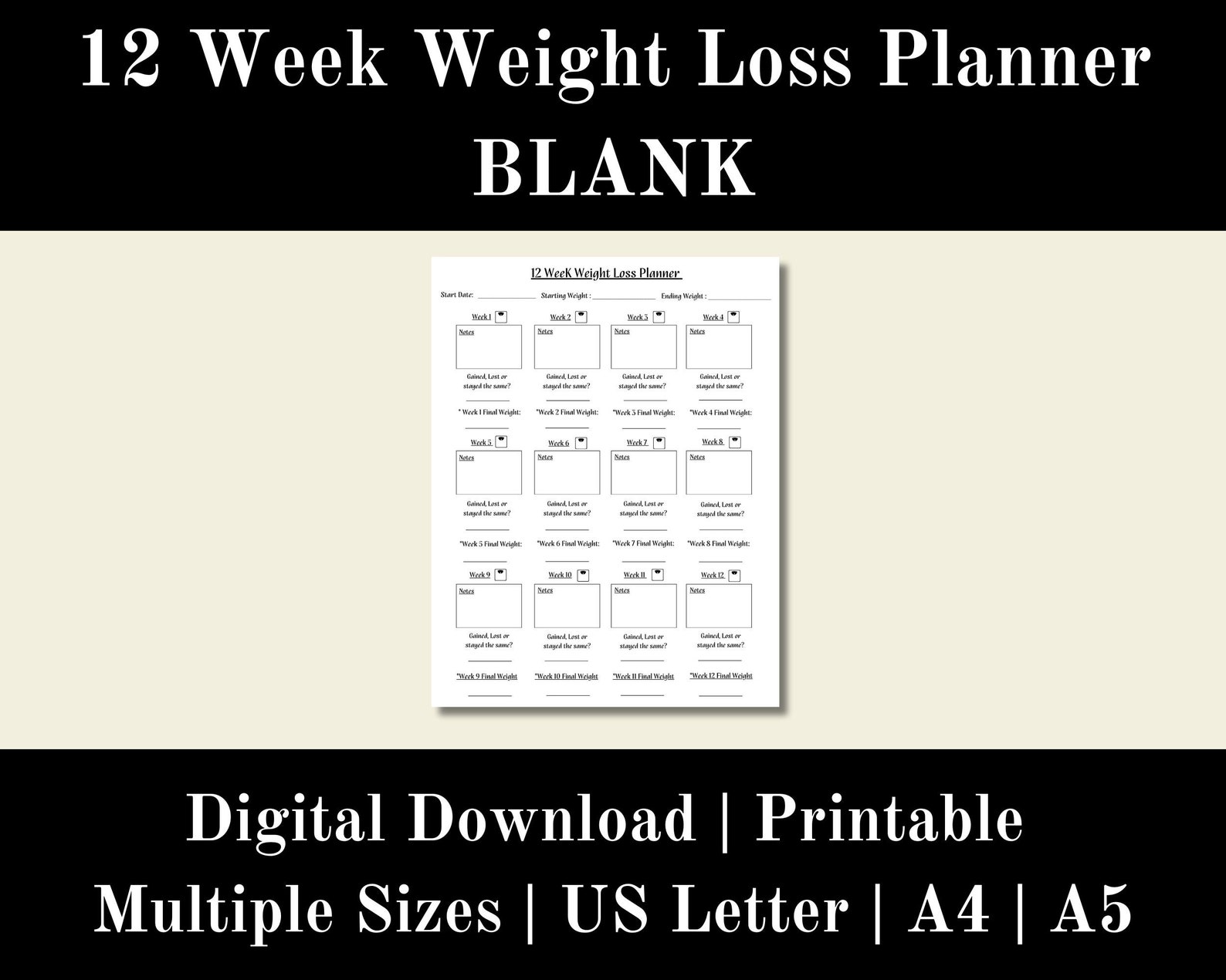 12 Week Weight Loss Blank Planner, Pounds Lost Tracker, Weekly Weight ...