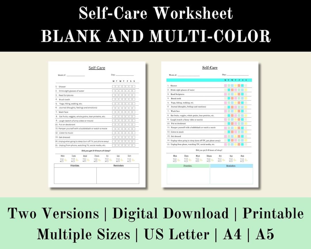 Blank and Multi Color Self Care Weekly Worksheet Printable, Daily Self ...