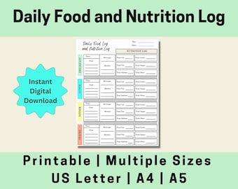 Daily Food Log, Printable Daily Food Log, Meal Tracker, Food Tracker ...