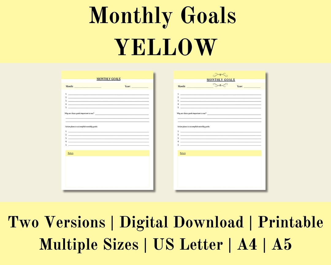 Monthly Goals Yellow, Goals Digital Printable, Goal Setting Worksheets ...